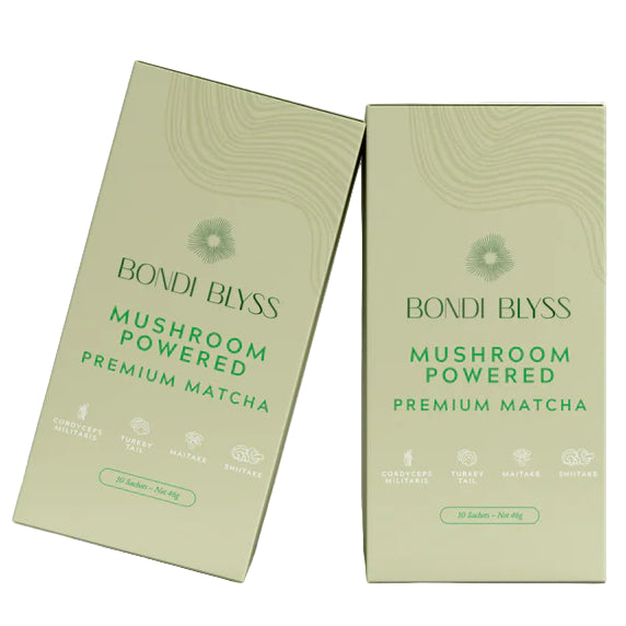 Bondi Blyss Mushroom Matcha Brew 10 Sachet Box – About Me Organics