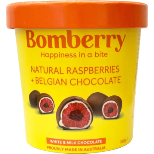 Bomberry Choc Coated Raspberries 160g – About Me Organics
